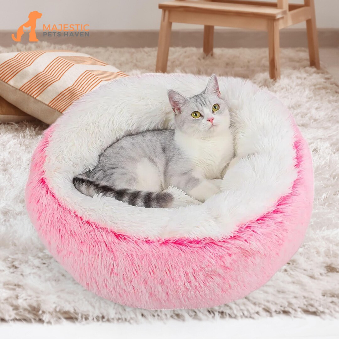 Fluffy Round Cat Bed, Calming Soft Plush Donut Pet Bed, Self Warming ...