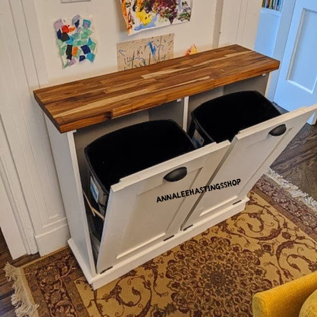 Tilt-out Trash Can Cabinet With Double Trash Bin, Wooden Trash Bin, and Plastic Barrels Included ...