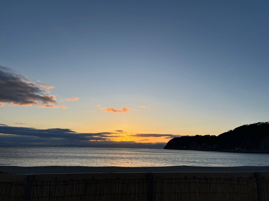 Beach Sunset and Mountain at Zushi Beach, Breezing Hayama, Japan Art ...