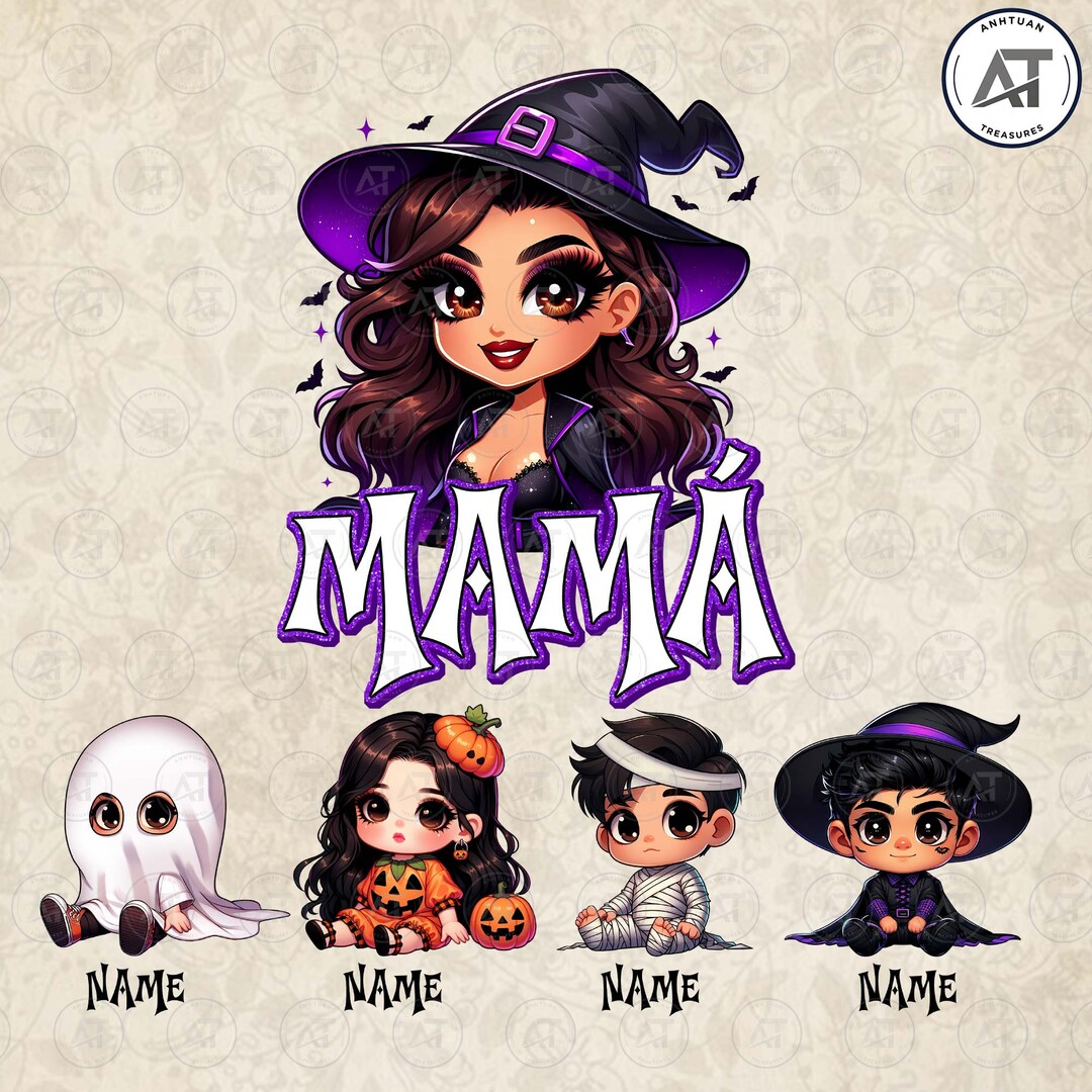 CUSTOM Halloween Witch Mama Png, Chibi Witch Mom Png, Personalize Name ...