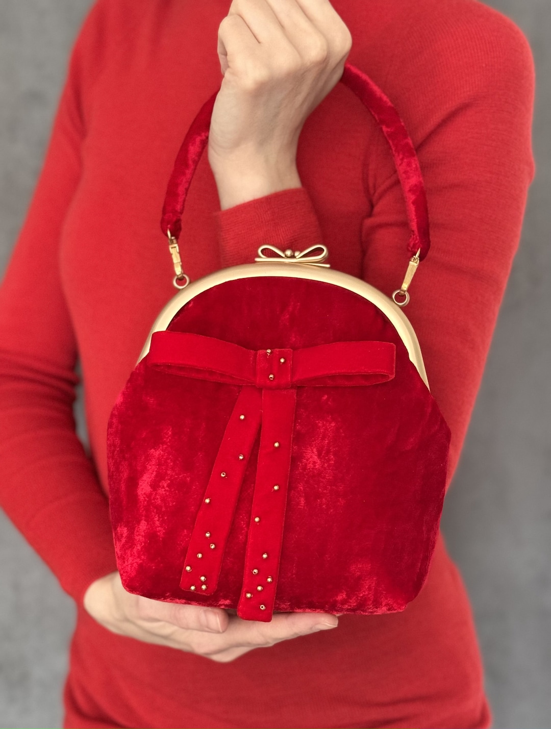 Metal Frame Handbag, Red Velvet Purse, Kisslock Bag, Red Bow - Etsy