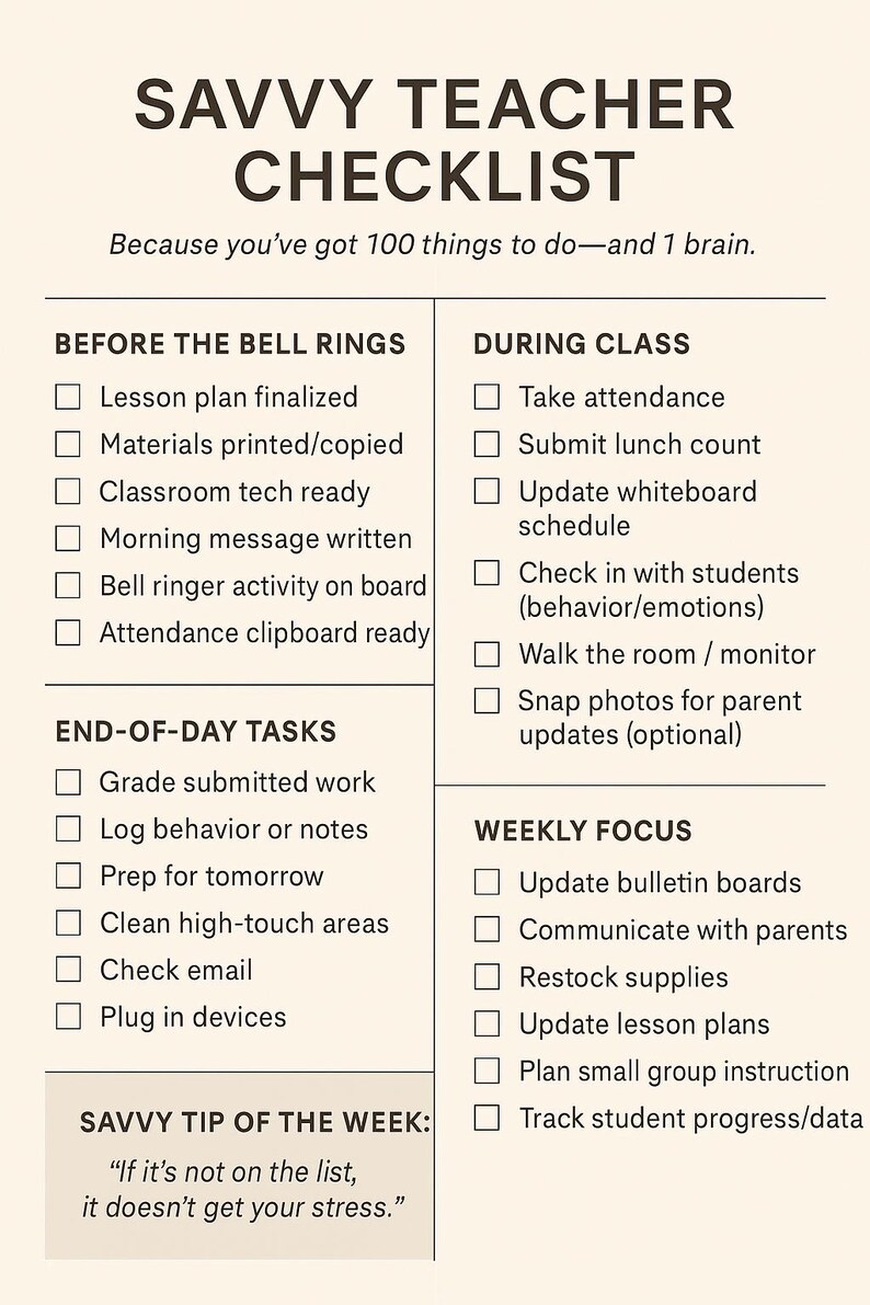 Savvy Teacher Classroom Checklist – Digital Download or Printable ...