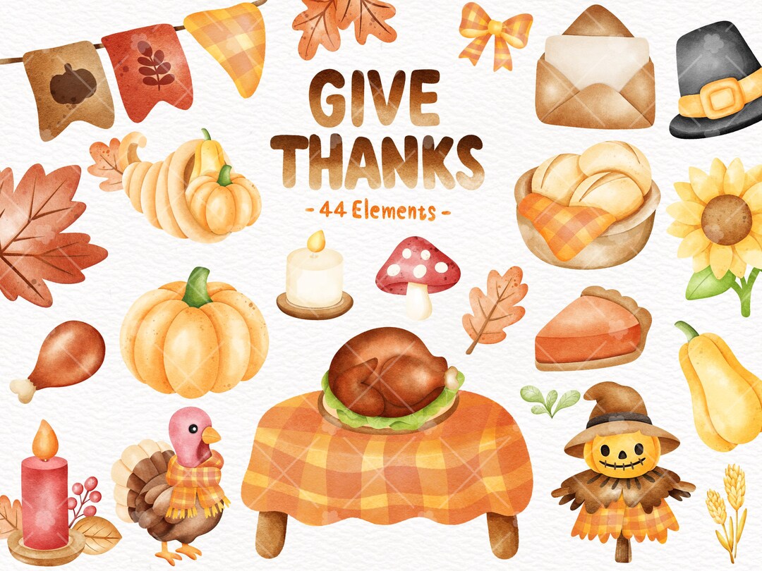 Thanksgiving Clipart Set: Watercolor Autumn Harvest, 44 PNG Elements ...