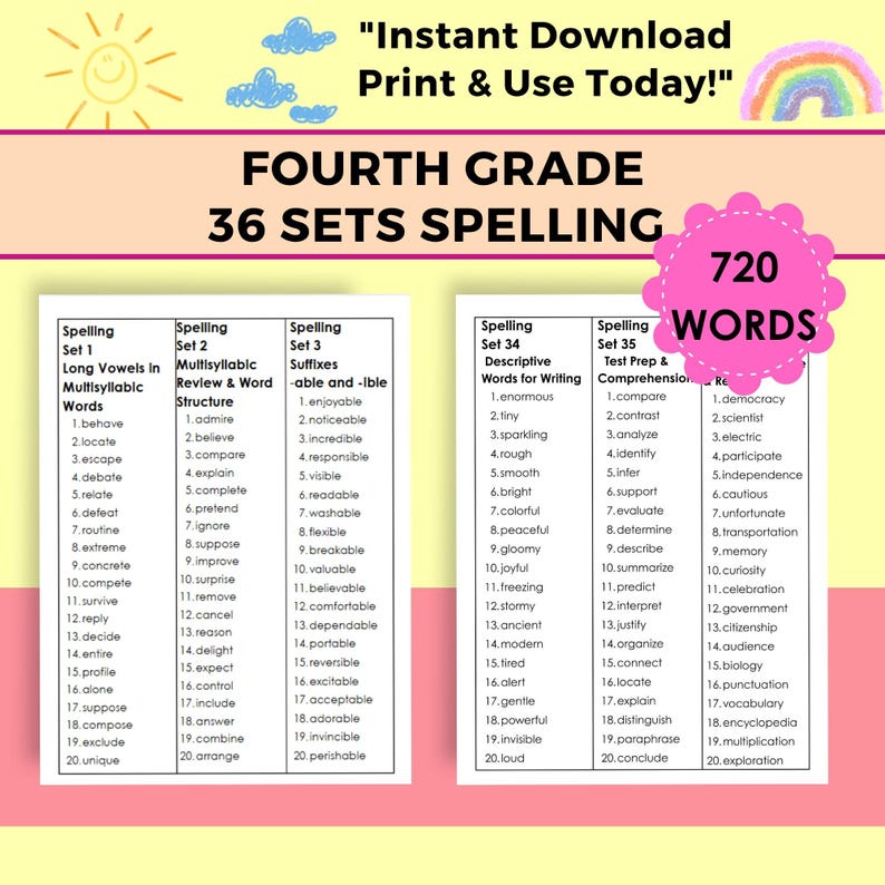Fourth Grade Spelling List and Spelling Cards | Grade 4 Spelling ...