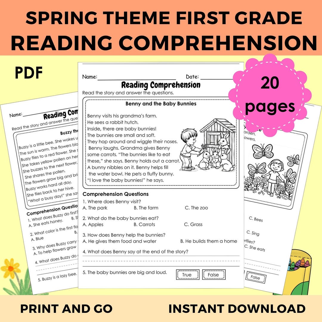 First Grade Reading Passages Spring Theme Comprehension Sheets, 1st ...