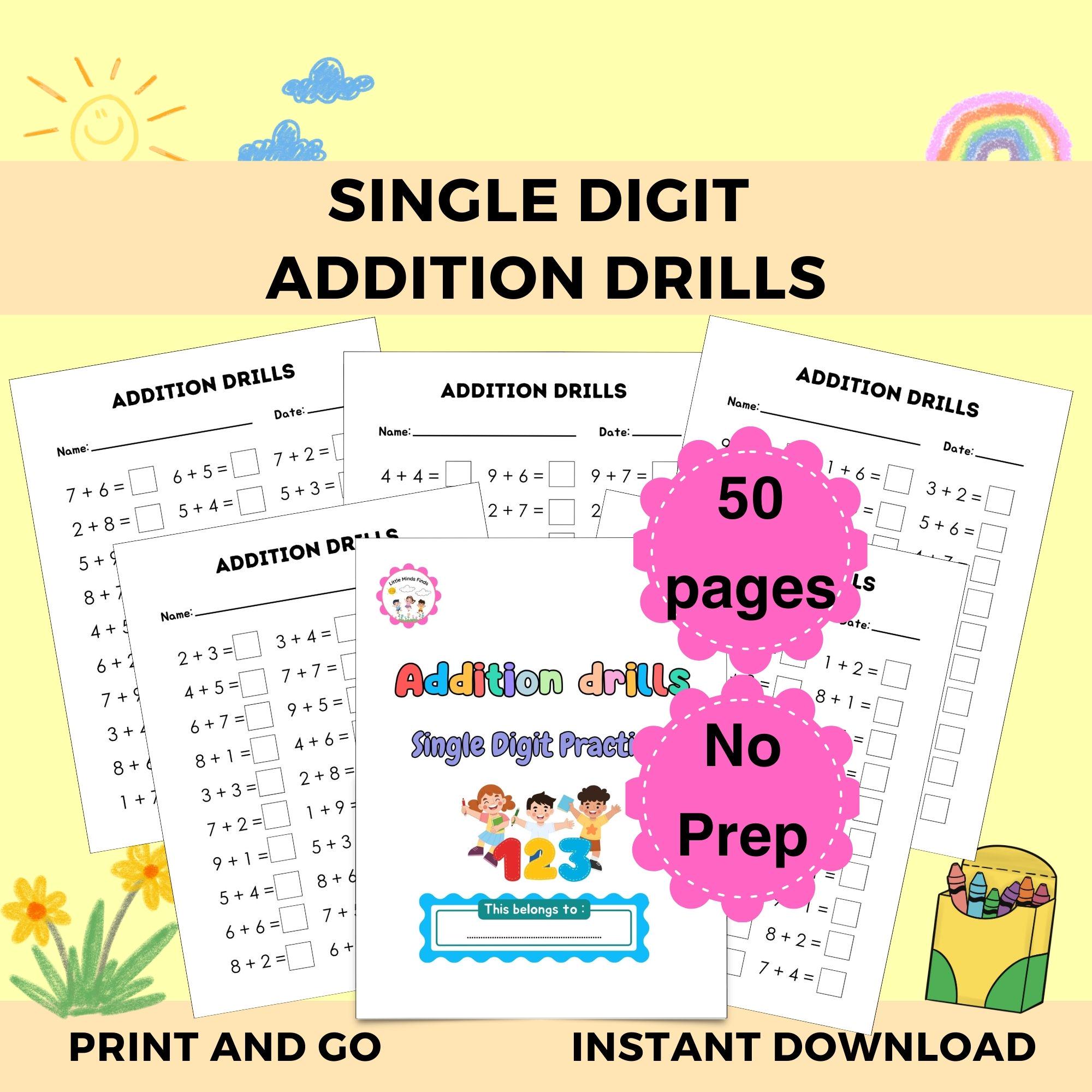 Simple Addition Worksheet | 1 Digit Adding Math Practice | Single-digit ...