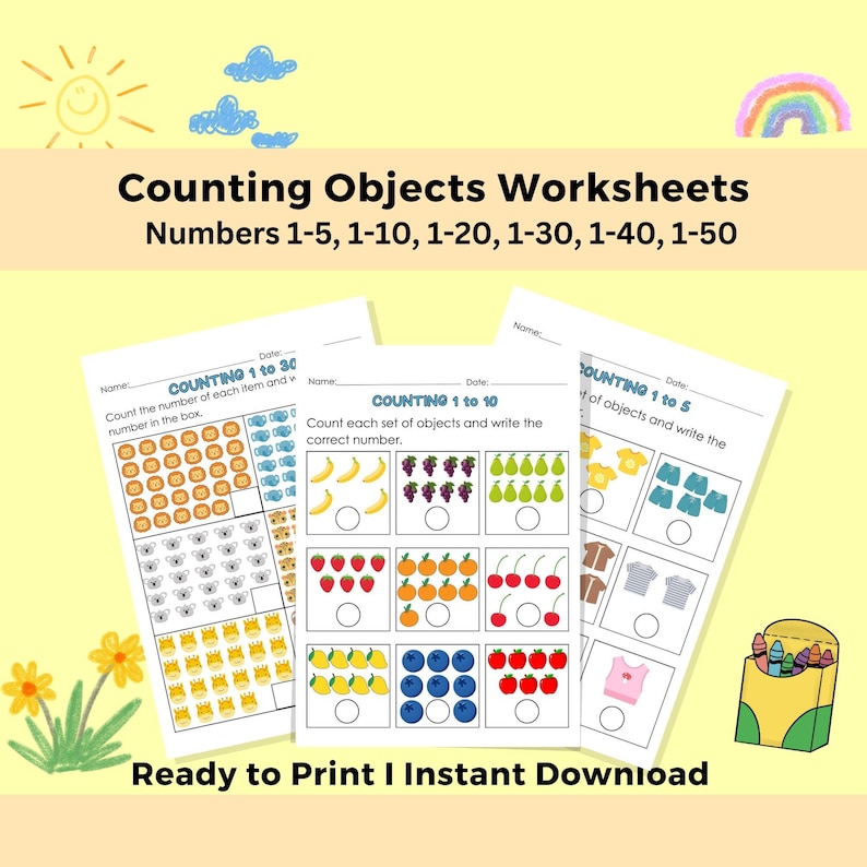 1st Grade Math Counting Activities, Count the Objects to 5, 10, 20, 30 ...