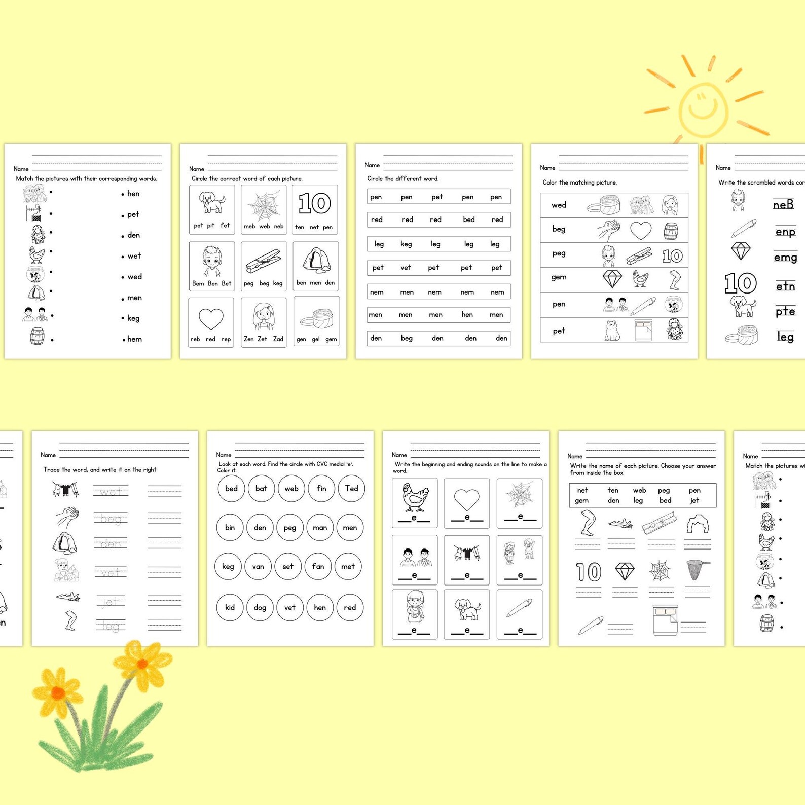 CVC Phonics Worksheets, Short E Word Families, CVC Word List, Early ...