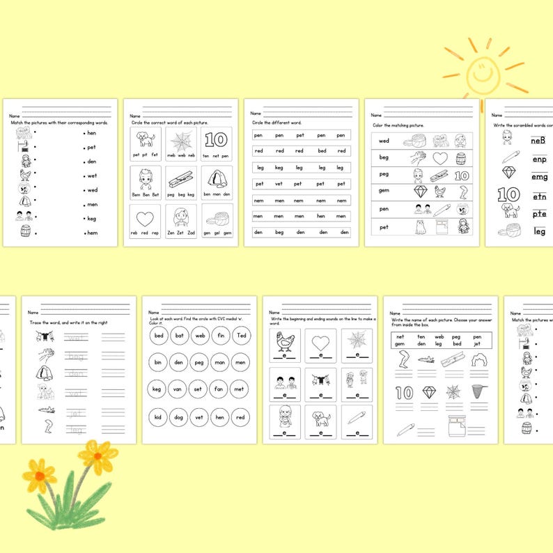 CVC Phonics Worksheets, Short E Word Families, CVC Word List, Early ...