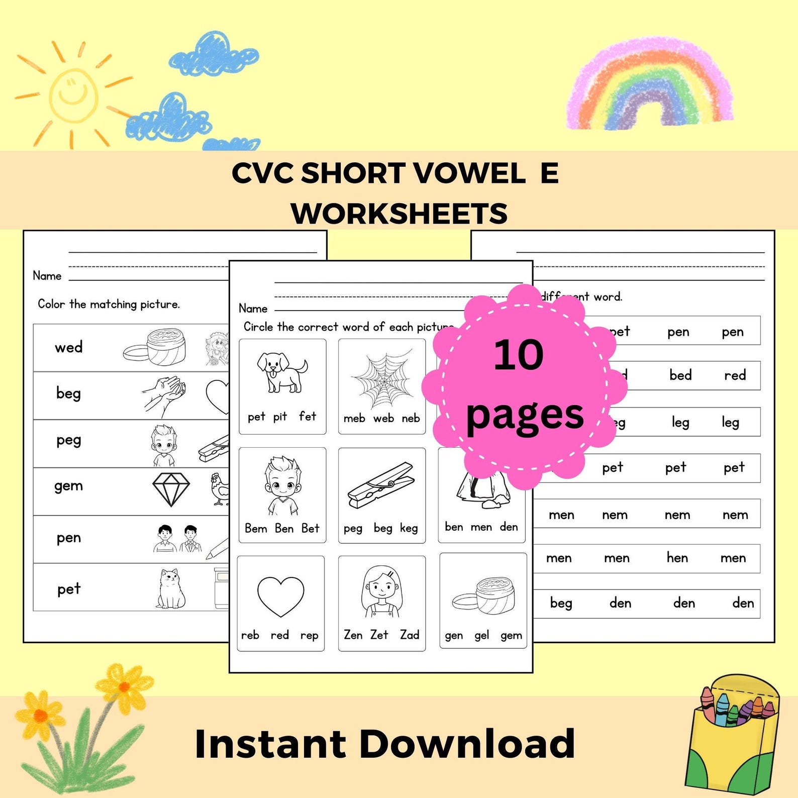 CVC Phonics Worksheets, Short E Word Families, CVC Word List, Early ...