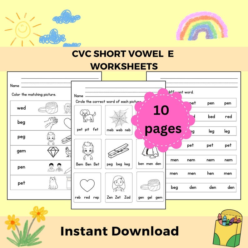 CVC Phonics Worksheets, Short E Word Families, CVC Word List, Early ...
