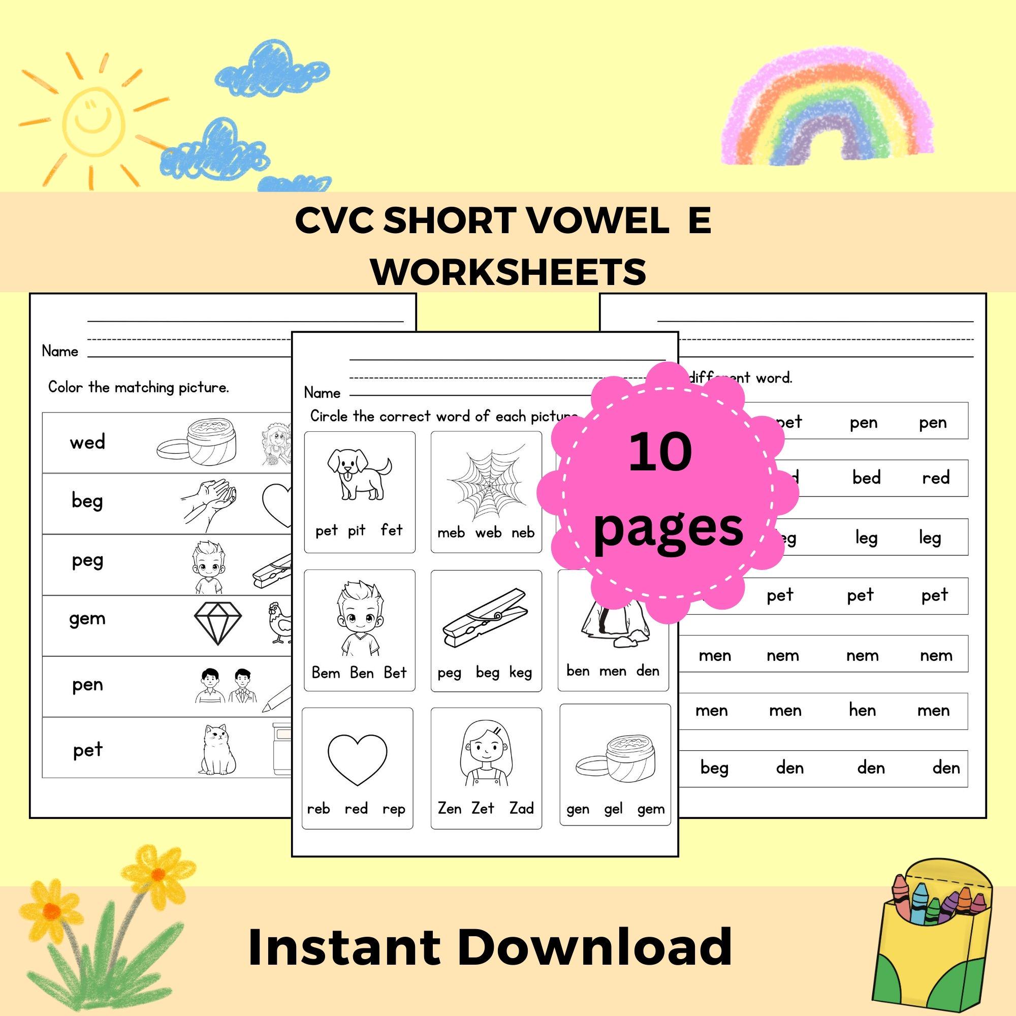 CVC Phonics Worksheets, Short E Word Families, CVC Word List, Early ...