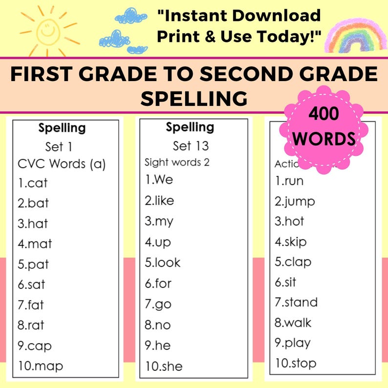 First Grade Spelling and Second Grade Spelling Lists, Grade 1-2 Phonics ...