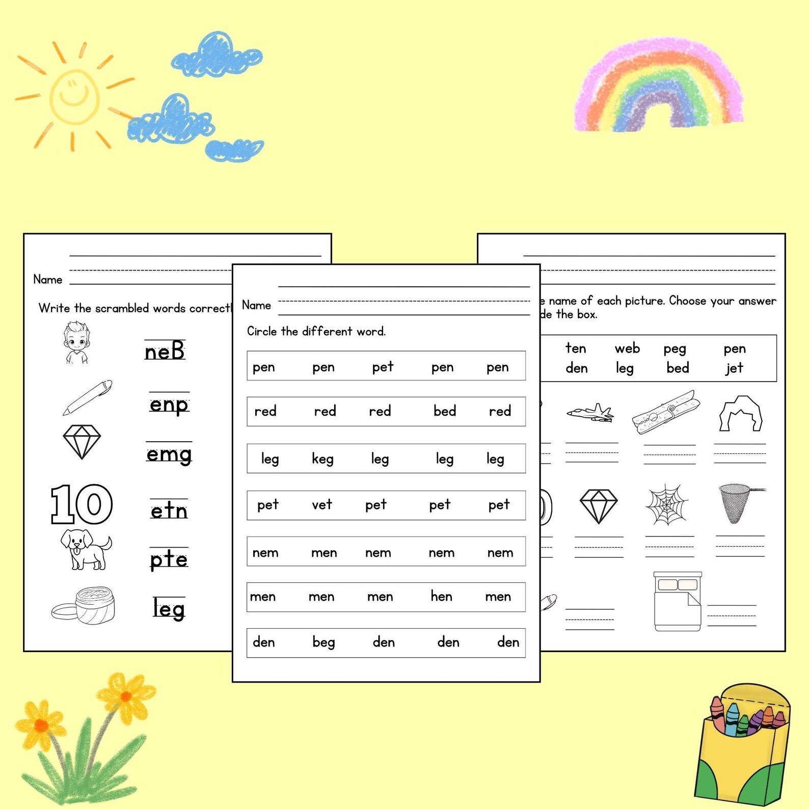 CVC Phonics Worksheets, Short E Word Families, CVC Word List, Early ...