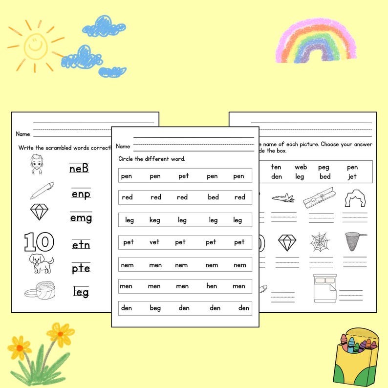 CVC Phonics Worksheets, Short E Word Families, CVC Word List, Early ...