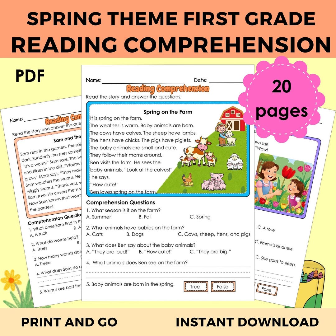 First Grade Reading Comprehension Sheets, Spring Theme Fluency Passages ...