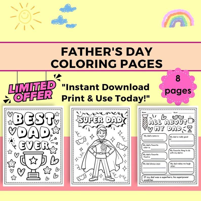 Father's Day Coloring Pages, Dad Printable Gift, Father's Day Activity ...