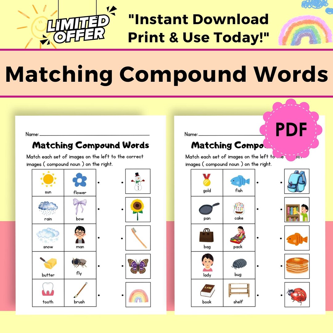 Printable Compound Words Matching, ELA Worksheet for Kindergarten, 1st ...