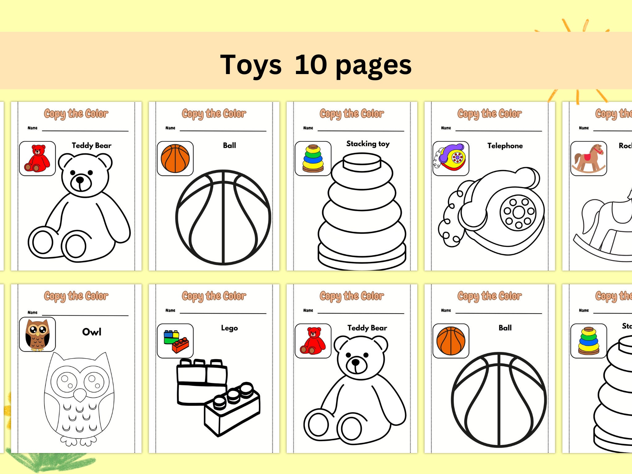 Toddler Coloring Pages, Copy the Color Fruits, Vegetables, Shapes, Toys ...