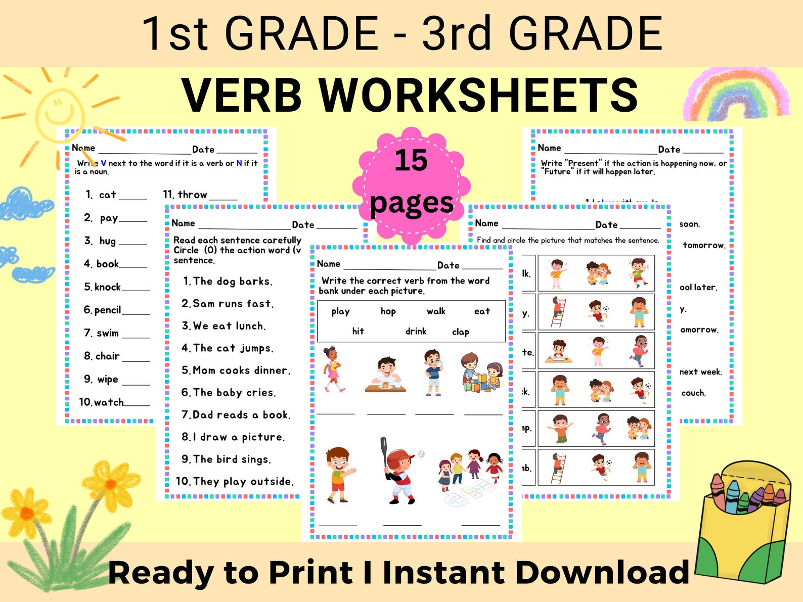 Verb Worksheets for 1st, 2nd, and 3rd Grade, Grammar Activities, Learn ...