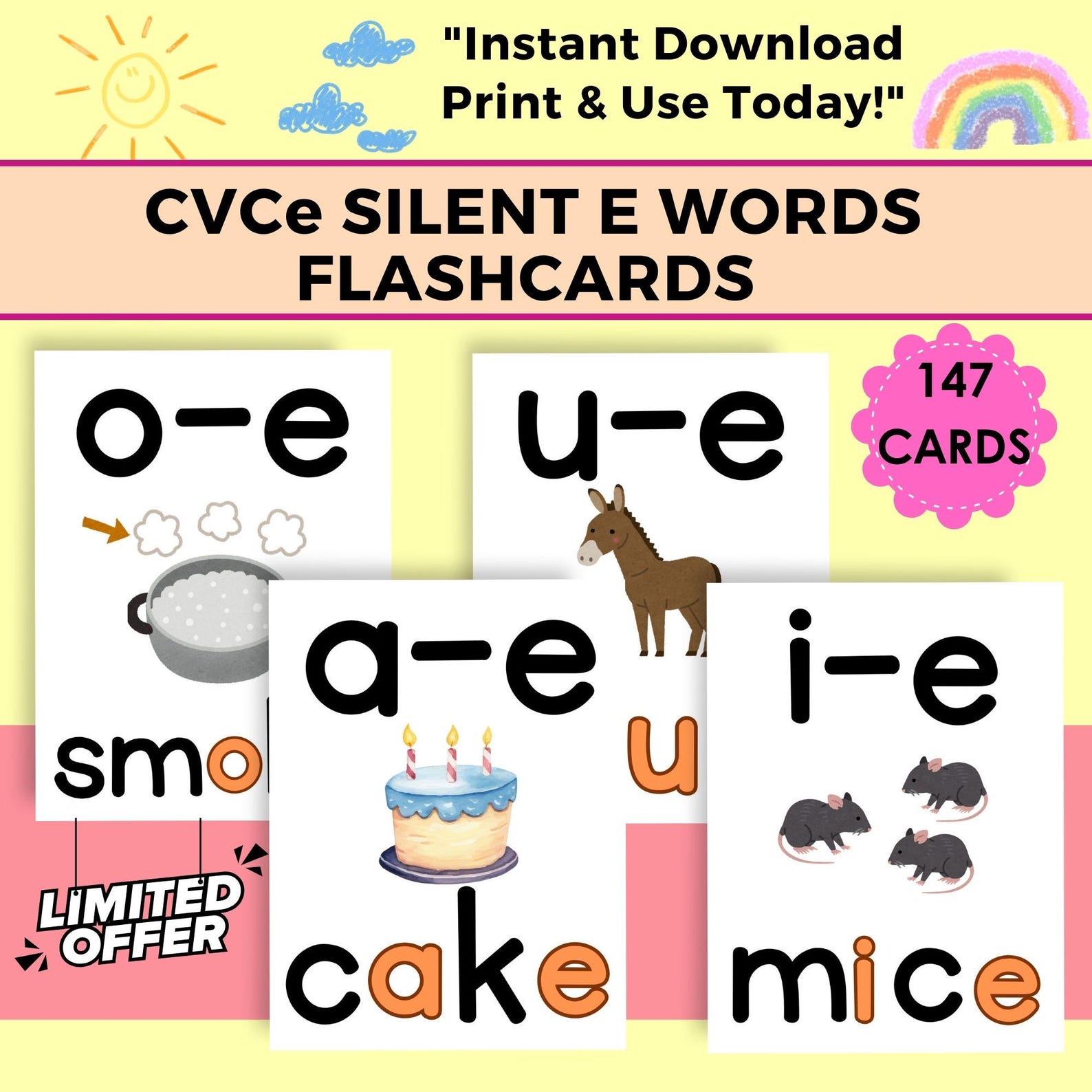 Cvce Long Vowel Flashcards and Silent E and Magic E Phonics, Bossy E ...