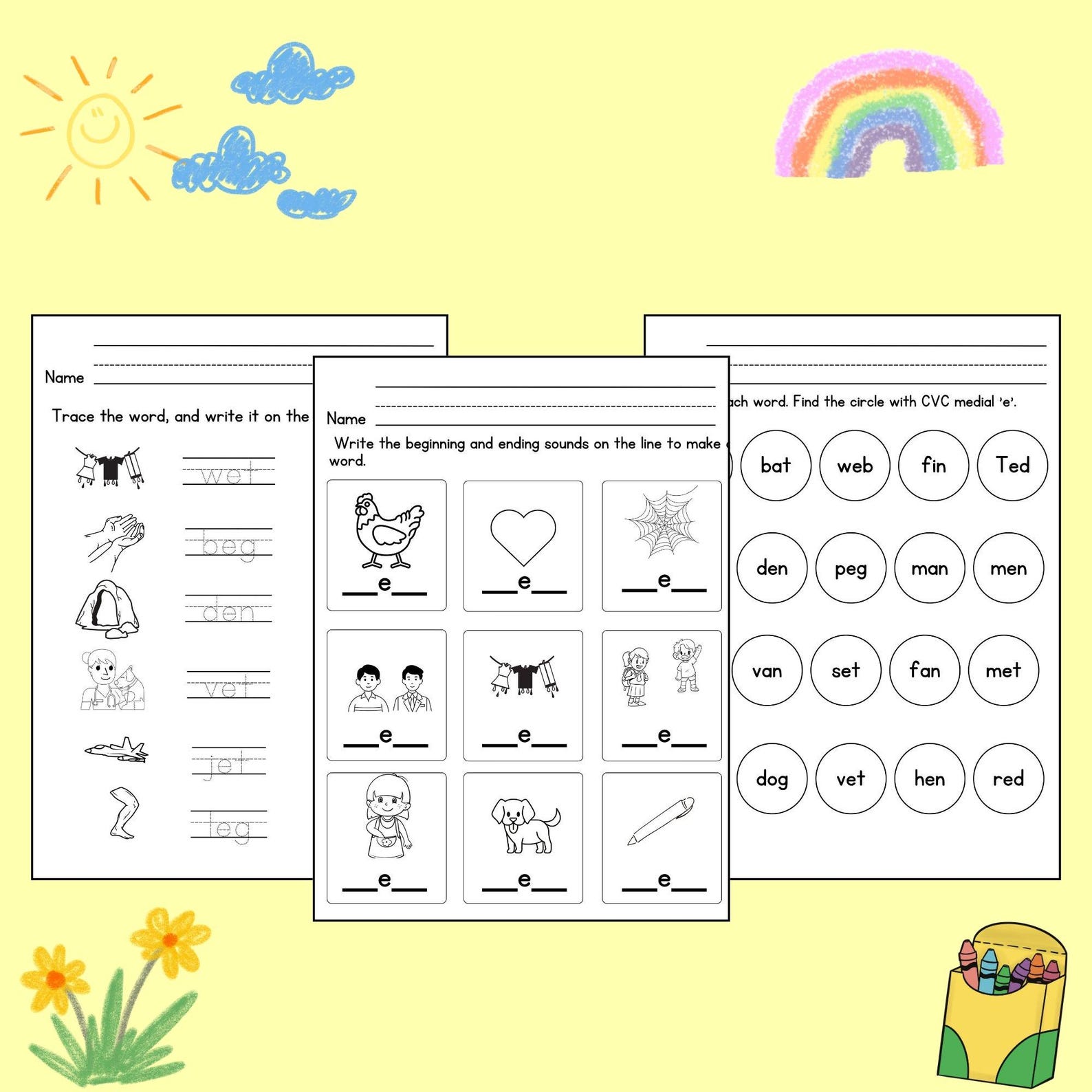 CVC Phonics Worksheets, Short E Word Families, CVC Word List, Early ...