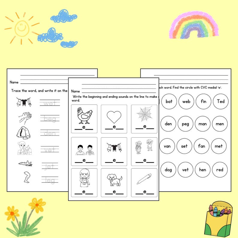 CVC Phonics Worksheets, Short E Word Families, CVC Word List, Early ...