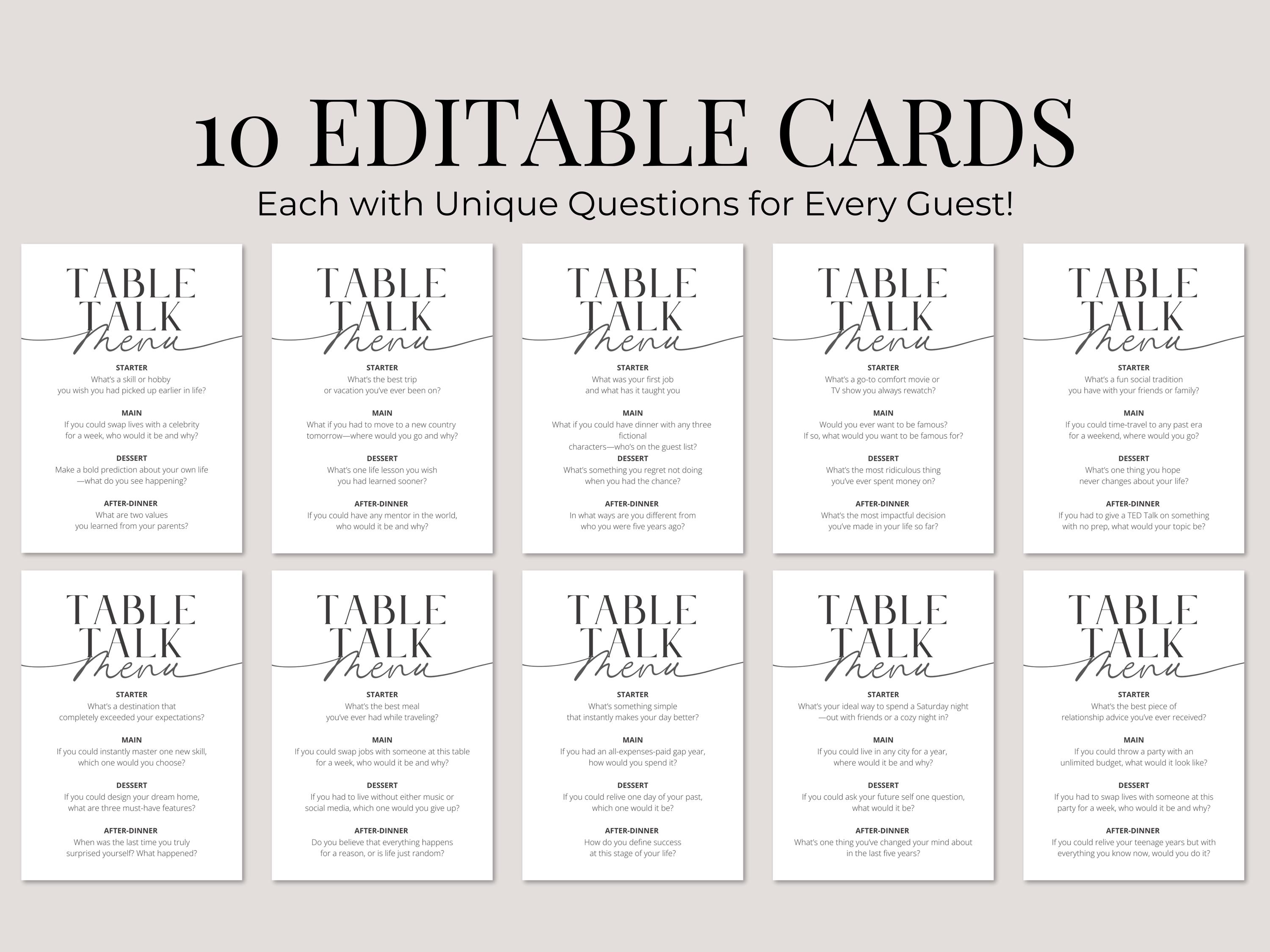 Wedding Table Talk Game for Wedding Guest Table Activity Printable ...