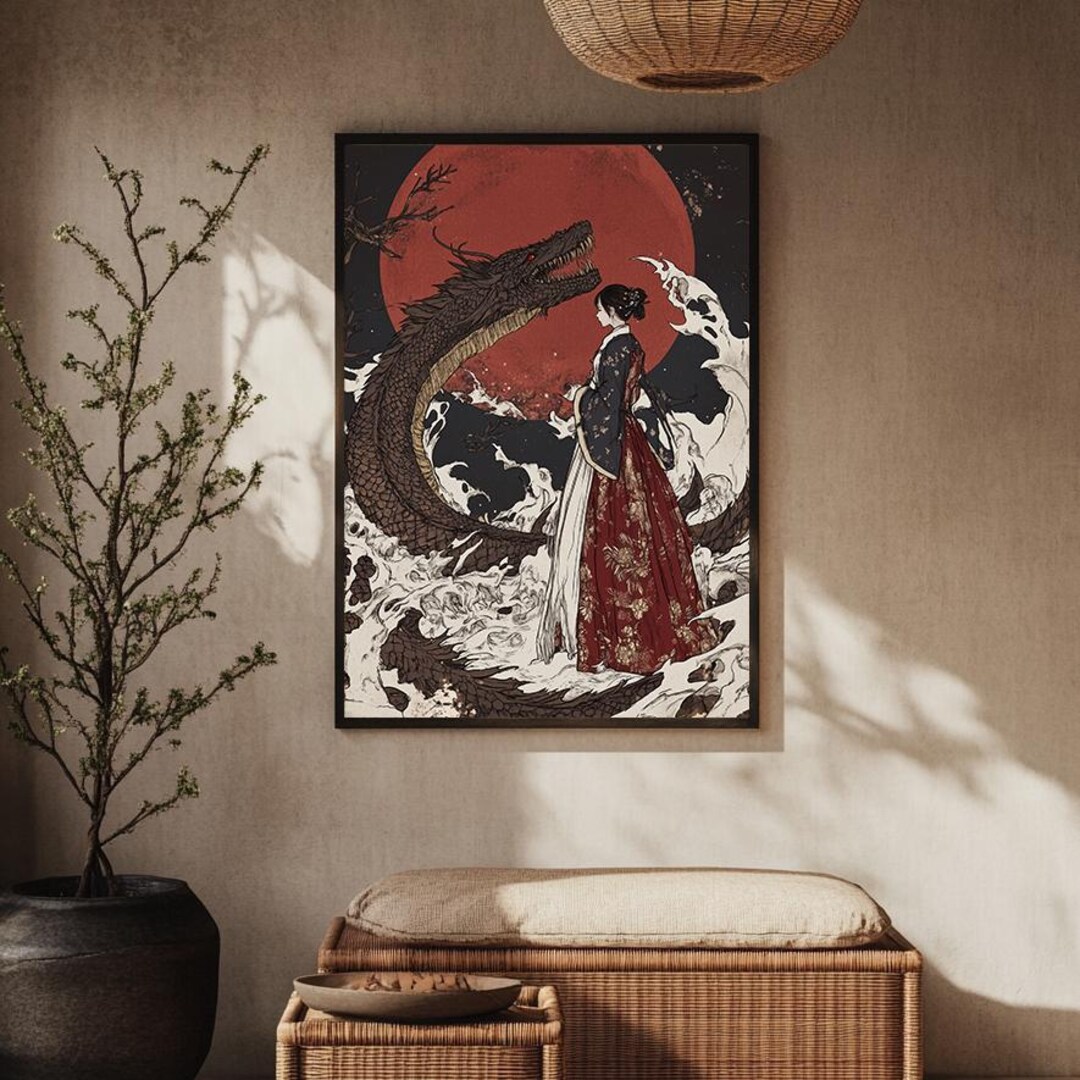 Dark Fantasy Korean Art Print | Mythical Dragon & Hanbok Woman ...