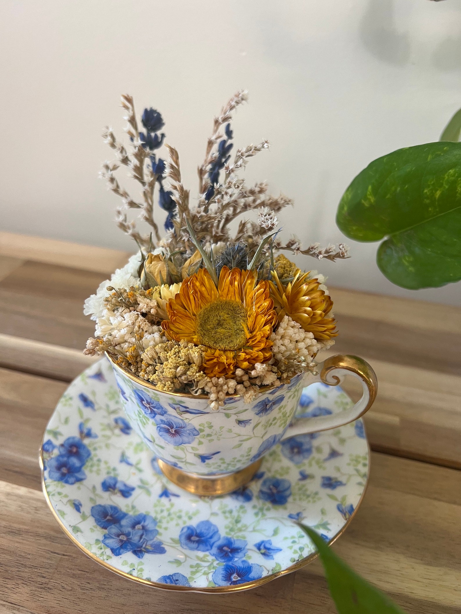 Yellow and Blue Vintage Tea Cup Dried Floral Arrangement - Gift for Tea ...