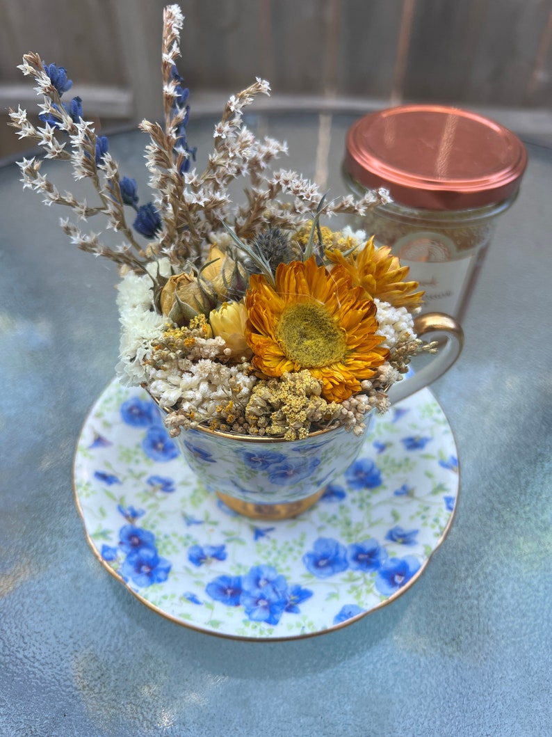 Yellow and Blue Vintage Tea Cup Dried Floral Arrangement - Gift for Tea ...