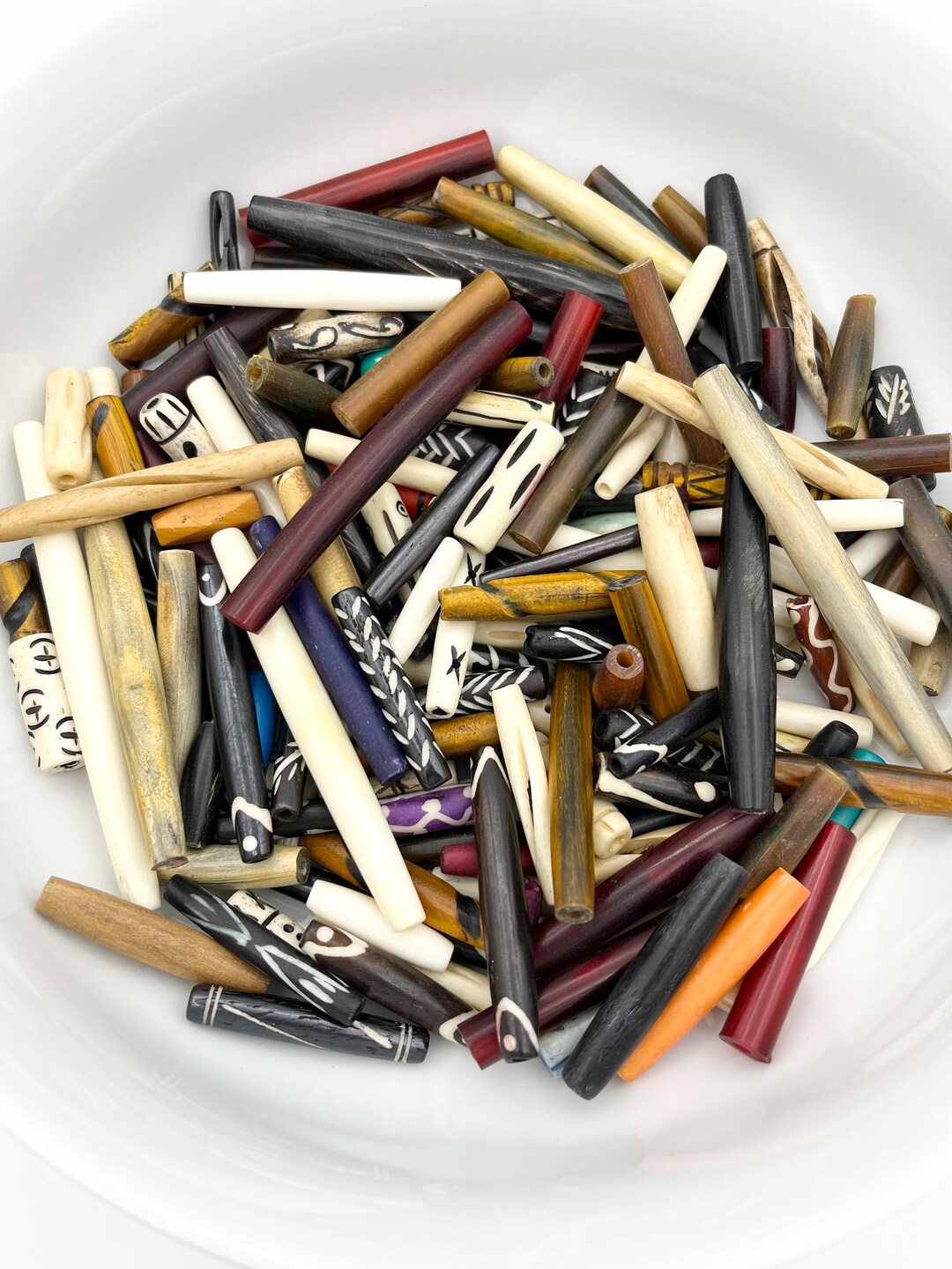 50pc Bone & Horn Hair Pipe Beads Mix, Bone Tube Beads, Assorted Carved ...