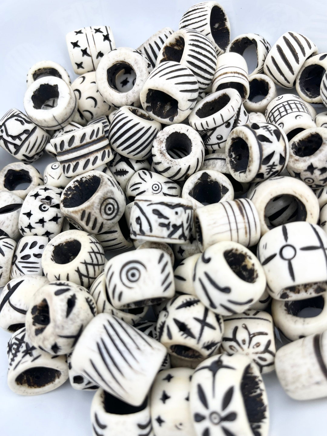 10pc Carved Bone Beads, Black & White Bone Beads, Barrel Bone Beads ...