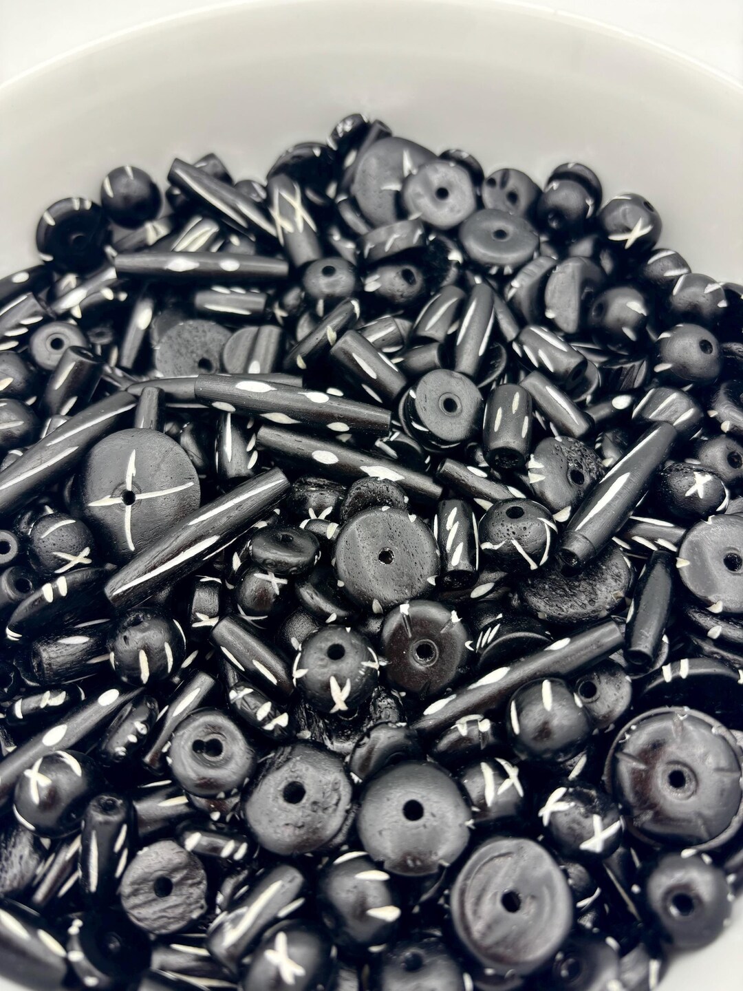 1/2lb Batik Bone Beads, Black & White Design, Carved Bone Beads ...