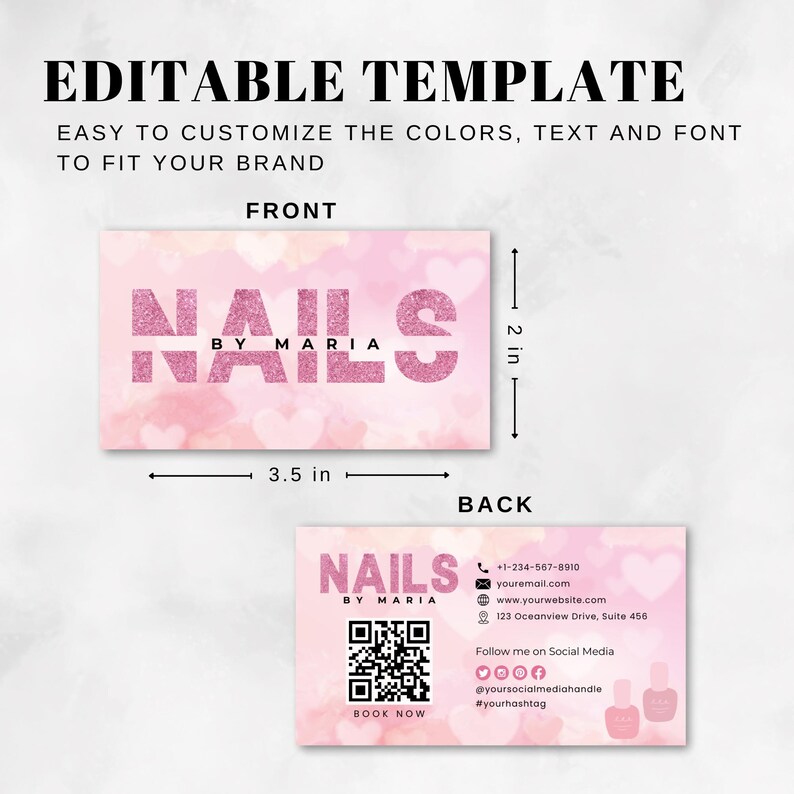 Editable QR Code Business Card Template Pink Nail Tech Nail Artist ...