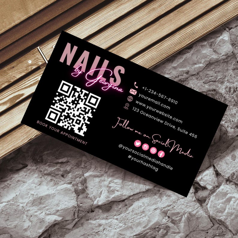 QR Code Business Card Template | Pink Nail Tech Editable Nail Artist ...