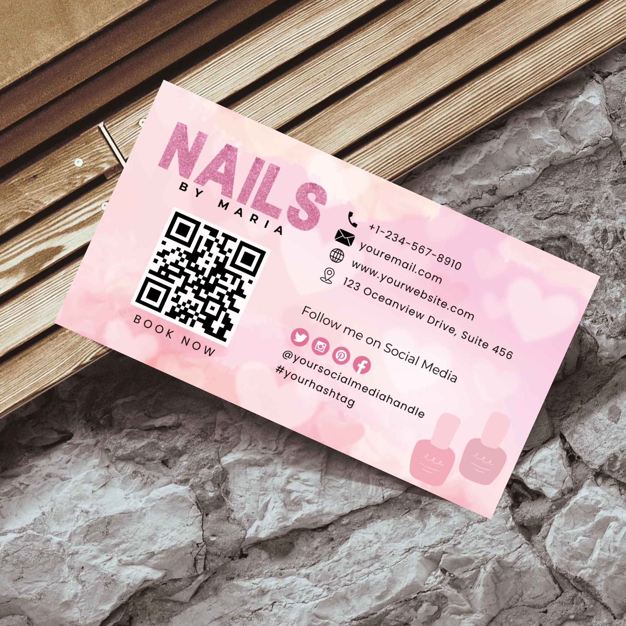 Editable QR Code Business Card Template Pink Nail Tech Nail Artist ...