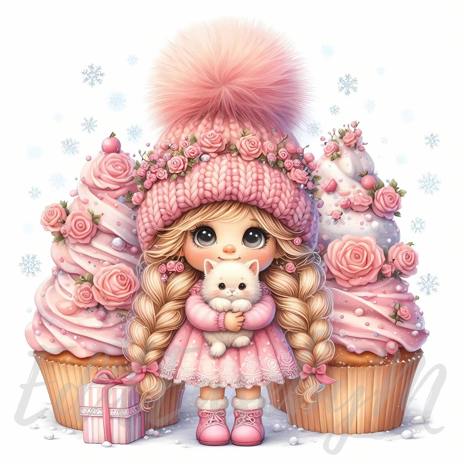 Pink Winter Cat Gnome Clipart | 10 High-quality 300 DPI Jpegs ...
