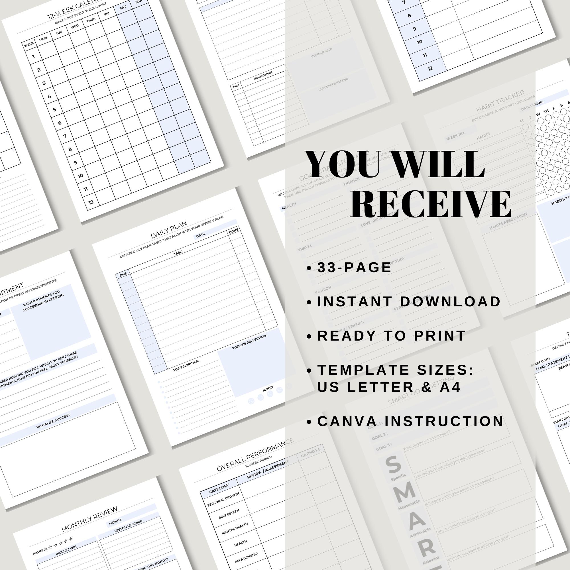 12 Week Year Planner Template | Planner Canva Template SMART Goal ...