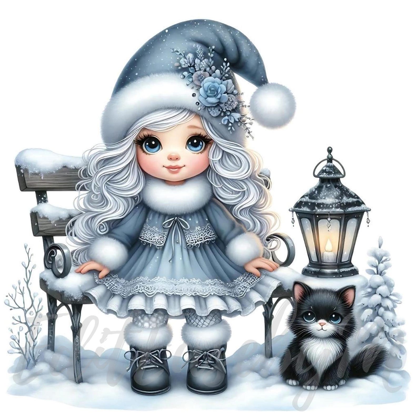 Winter Gnome With Night Cat Clipart | 10 High-quality 300 DPI Jpegs ...