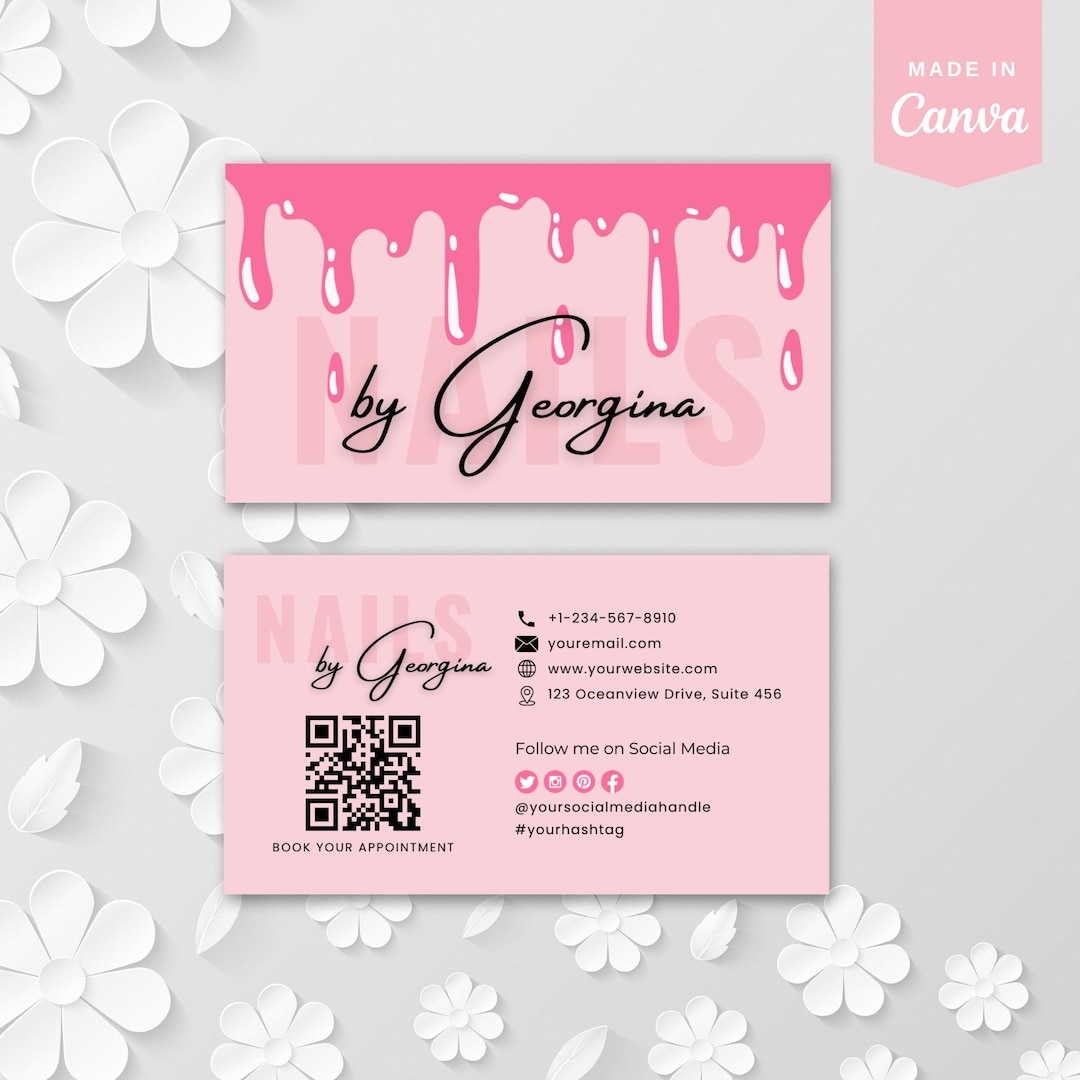 QR Code Business Card Template Pink Nail Tech Editable Nail Artist ...