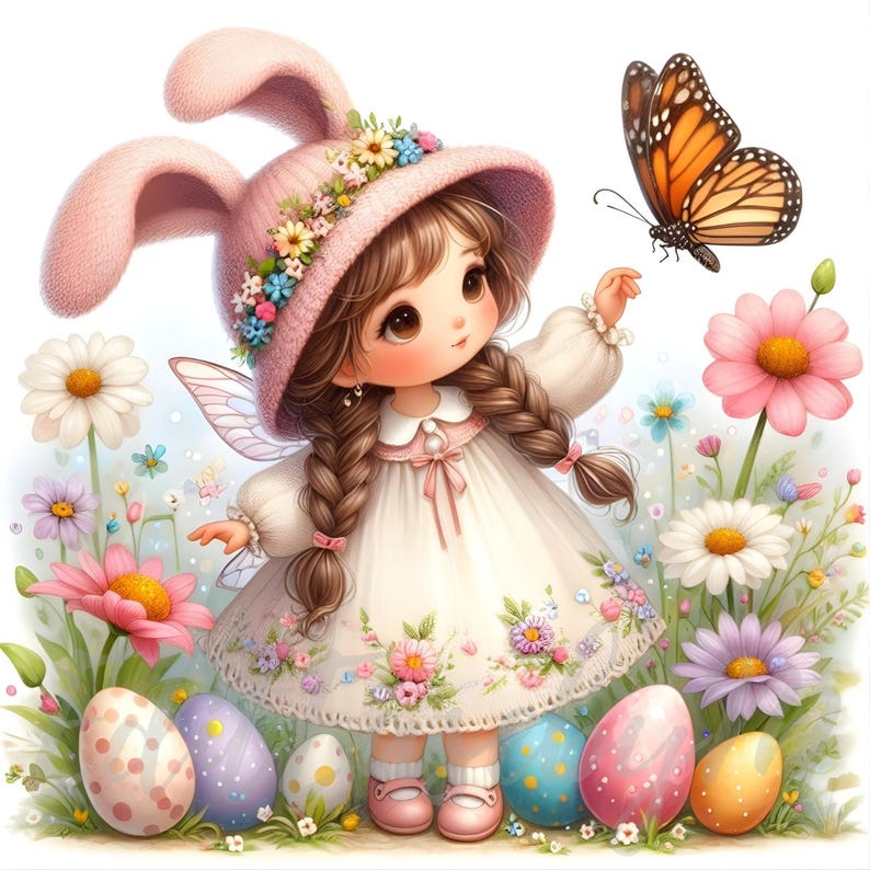Spring Bunny Fairy Clipart | 10 Jpegs, Whimsical Kawaii Easter Flower ...