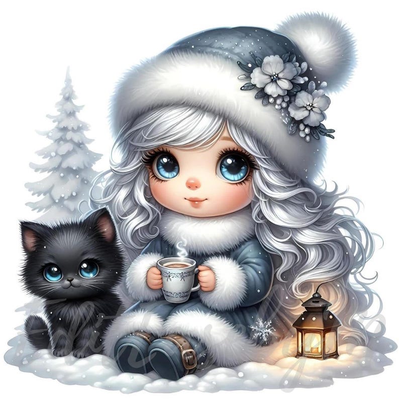 Winter Gnome With Night Cat Clipart | 10 High-quality 300 DPI Jpegs ...