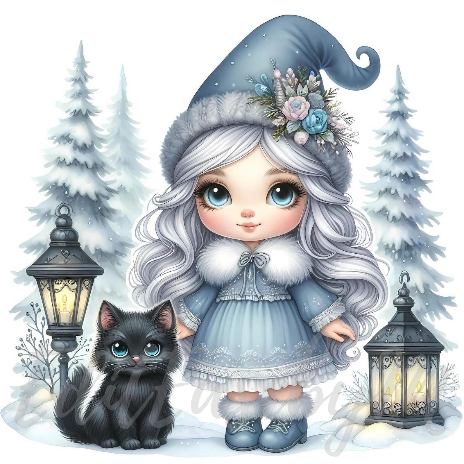 Winter Gnome With Night Cat Clipart 10 High-quality 300 DPI Jpegs ...