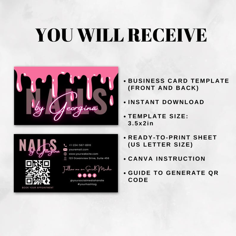 QR Code Business Card Template | Pink Nail Tech Editable Nail Artist ...