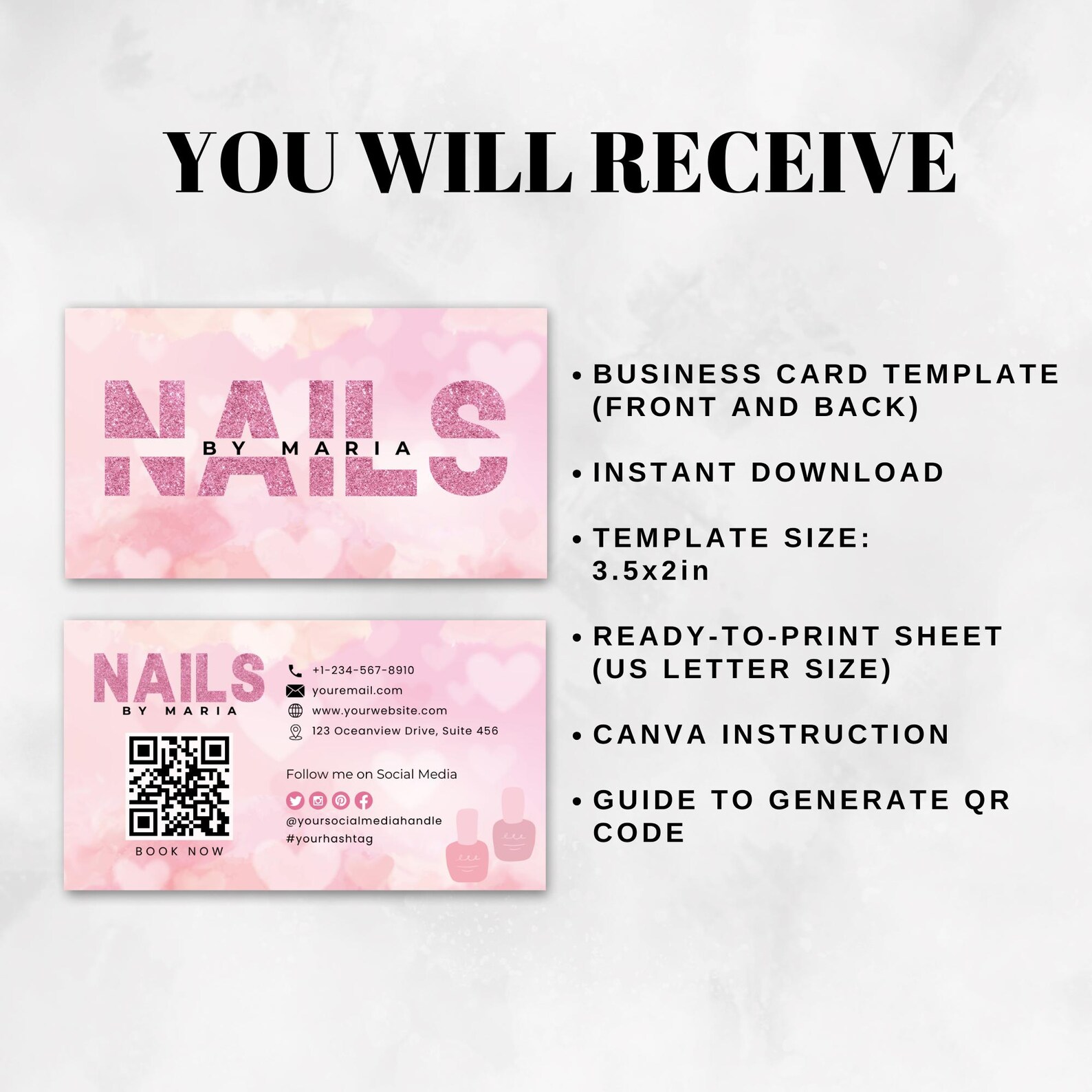 Editable QR Code Business Card Template Pink Nail Tech Nail Artist ...