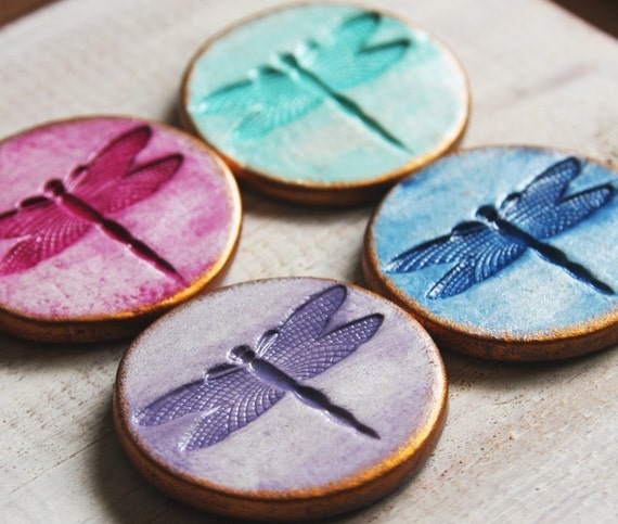 Items similar to Magical dragonfly - 4 magnets set in purple, turquoise ...