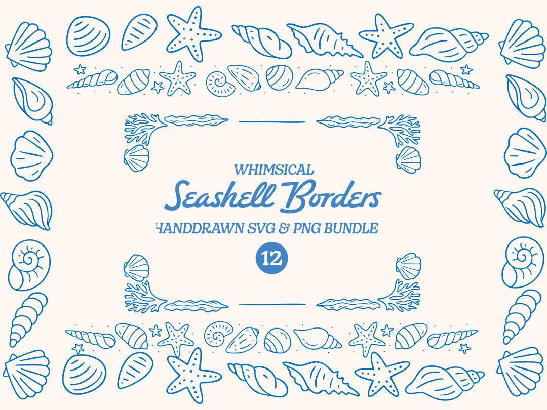 Seashell Borders Clipart Bundle, Whimsical Handdrawn Seashell SVG PNG ...