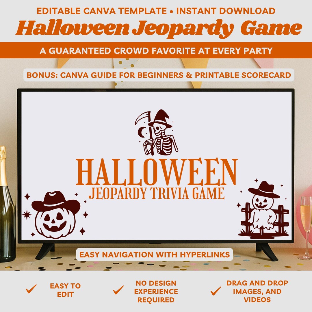 Halloween Jeopardy Game Editable Canva Trivia Template, Halloween Party ...