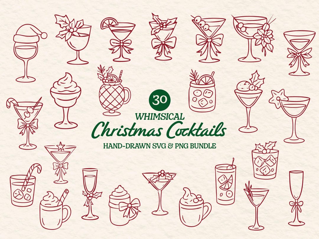 Hand Drawn Whimsical Christmas Clipart Bundle, Holiday SVG PNG Cocktail ...